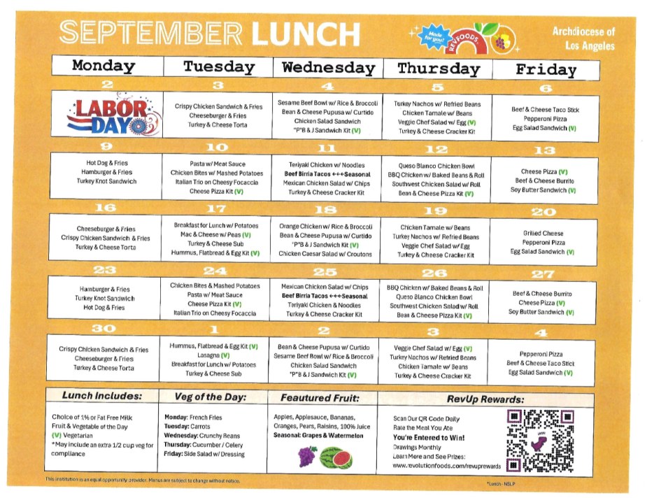 Cafeteria Monthly Menus | St. Raphael Catholic School