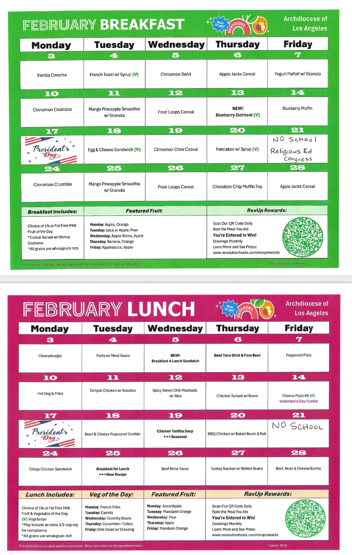 Cafeteria Monthly Menus | St. Raphael Catholic School